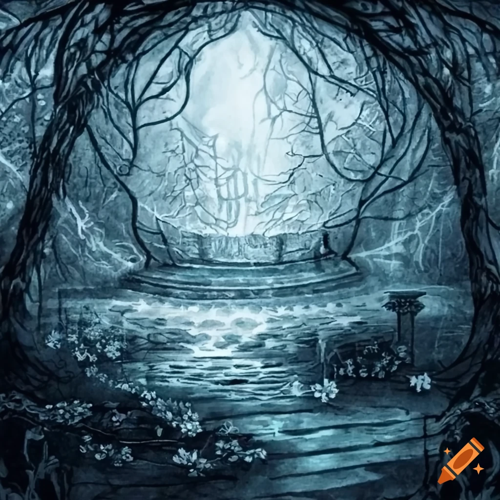 Blue and white landscape with a round temple on Craiyon