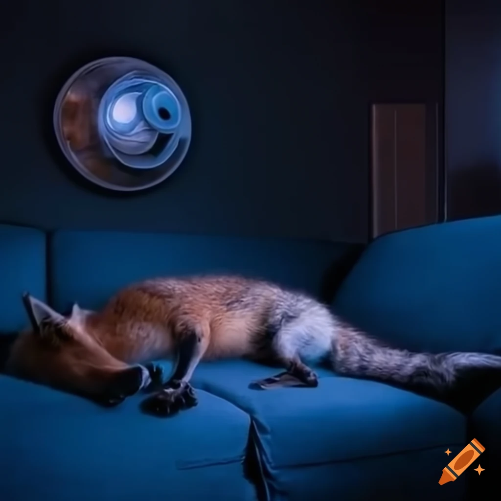 Sci-fi room with a fox relaxing on a couch