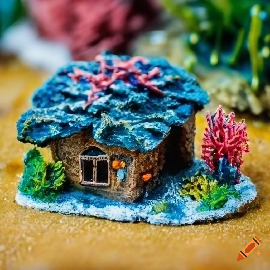 Miniature underwater house made of corals and seaweed on Craiyon