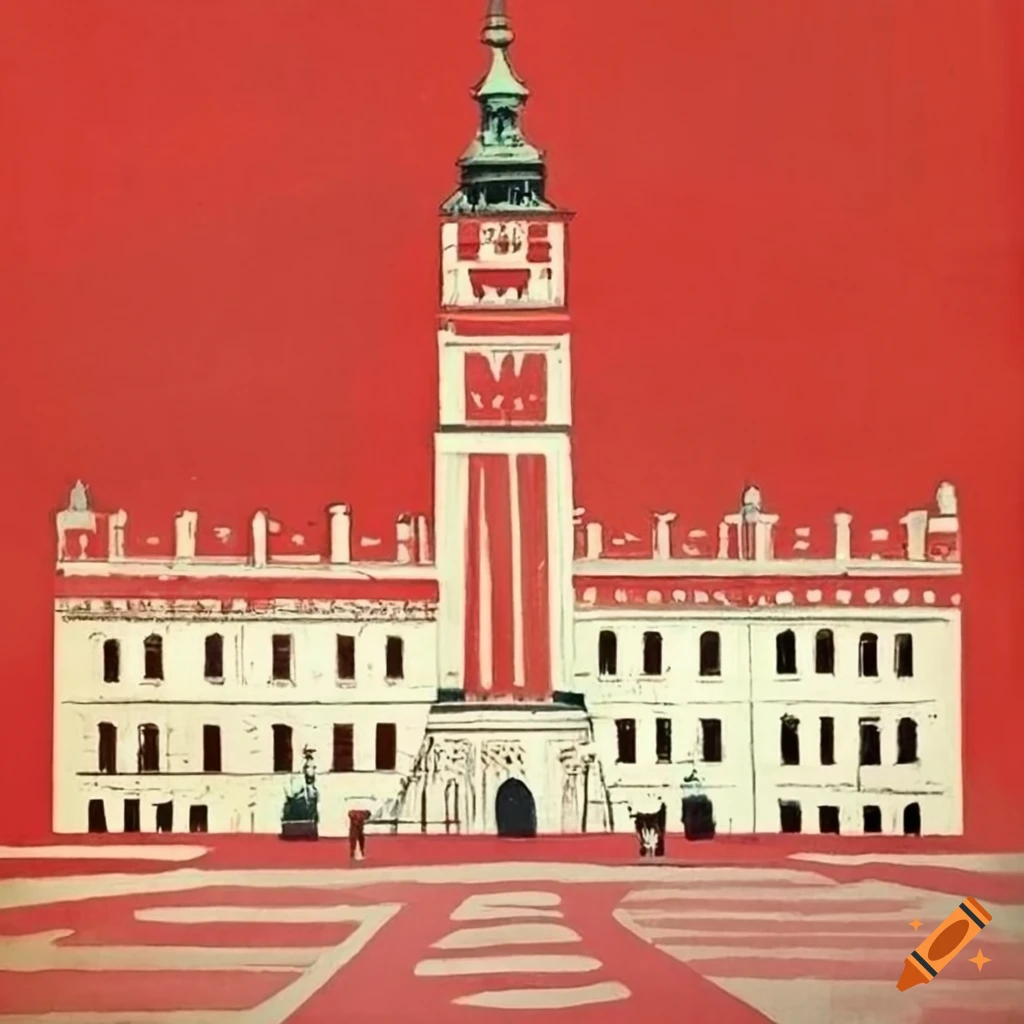 Propaganda style postcard of warsaw royal castle on Craiyon