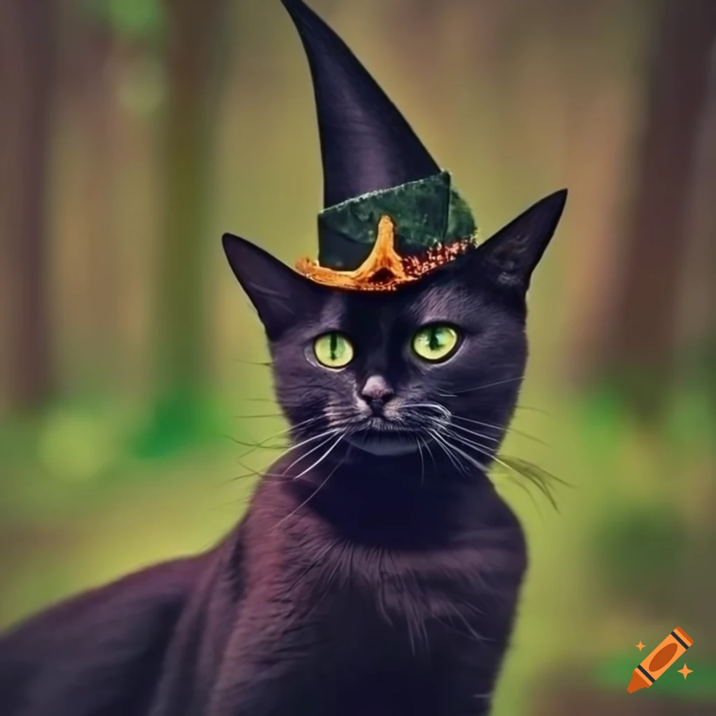 Black cat wearing a witch hat in the forest