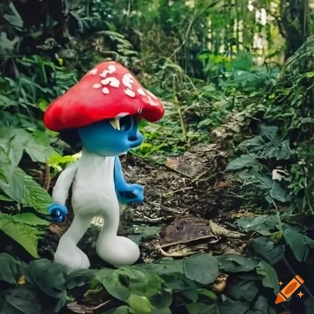 Smurf with a cat face and mushroom hat in the jungle on Craiyon