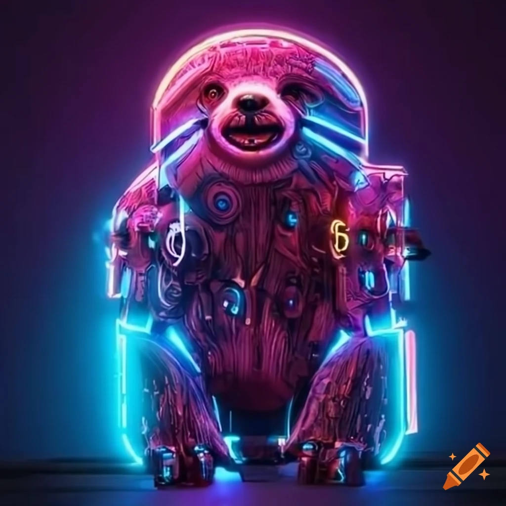 Futuristic mechanical sloth in a neon-lit city