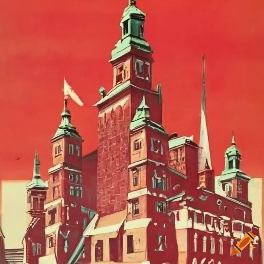 Propaganda style postcard of warsaw royal castle on Craiyon