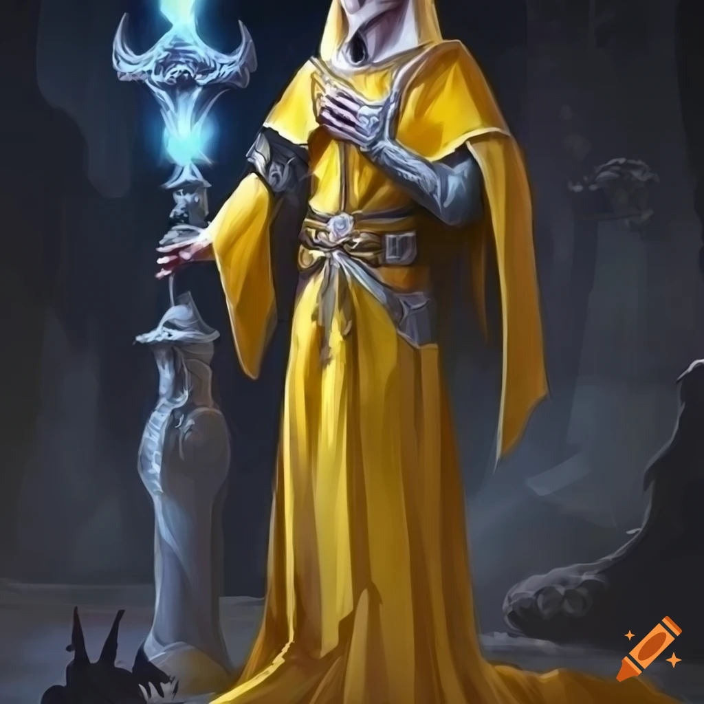 Dark fantasy cleric in yellow robe on Craiyon
