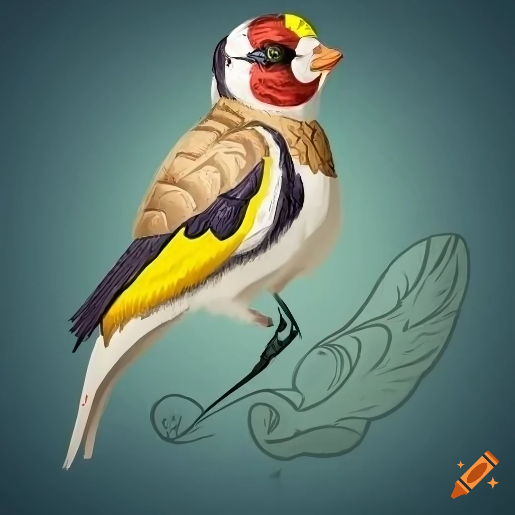 Intricately detailed drawing of a european goldfinch bird taking off on ...