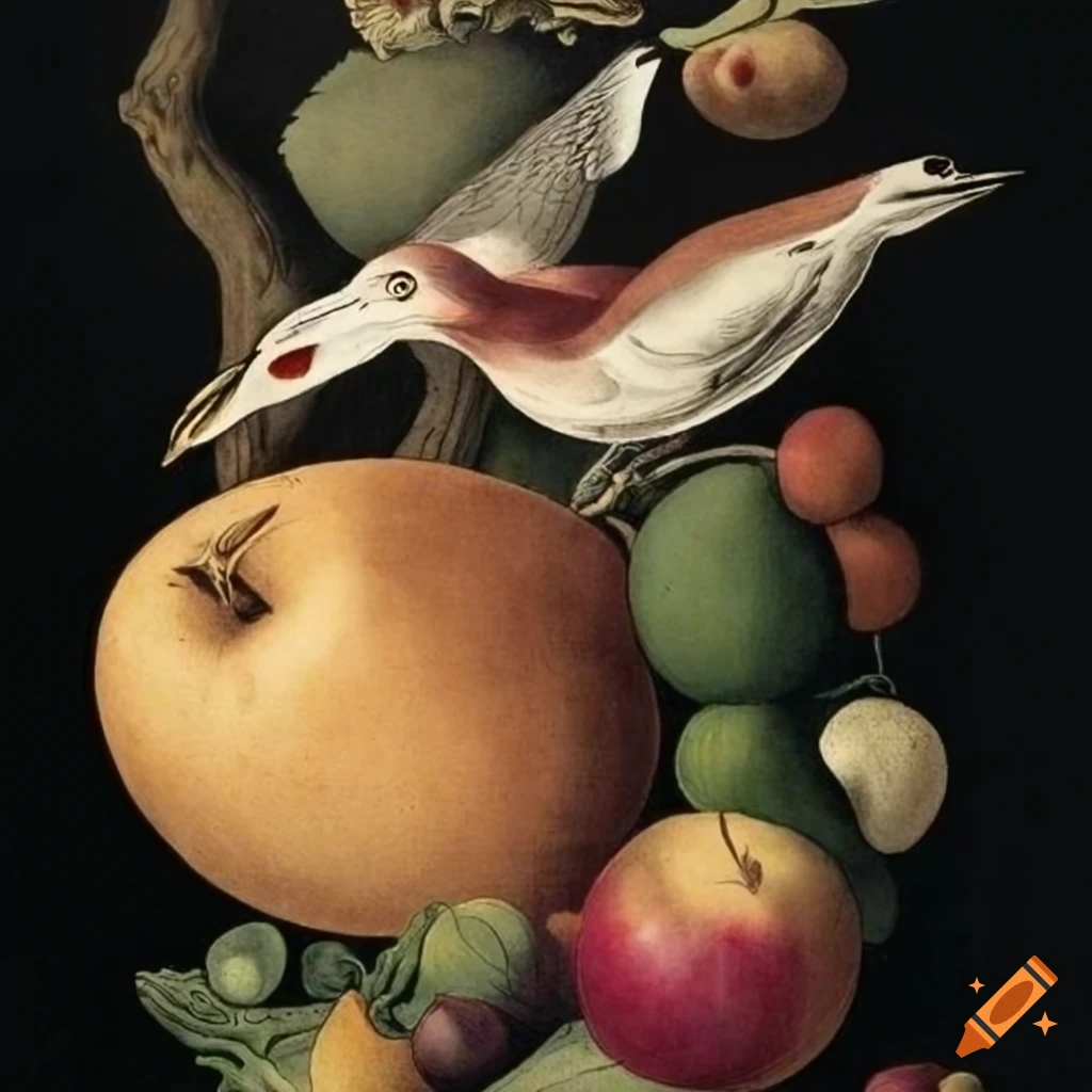 Lithograph of fruits, vegetables, and birds in unique artistic style on ...