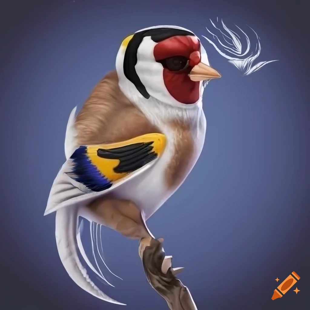 Detailed illustration of a european goldfinch bird with golden wings on ...