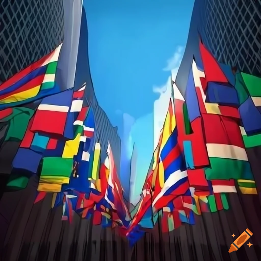 Colorful anime artwork of un headquarters with vibrant flags on Craiyon