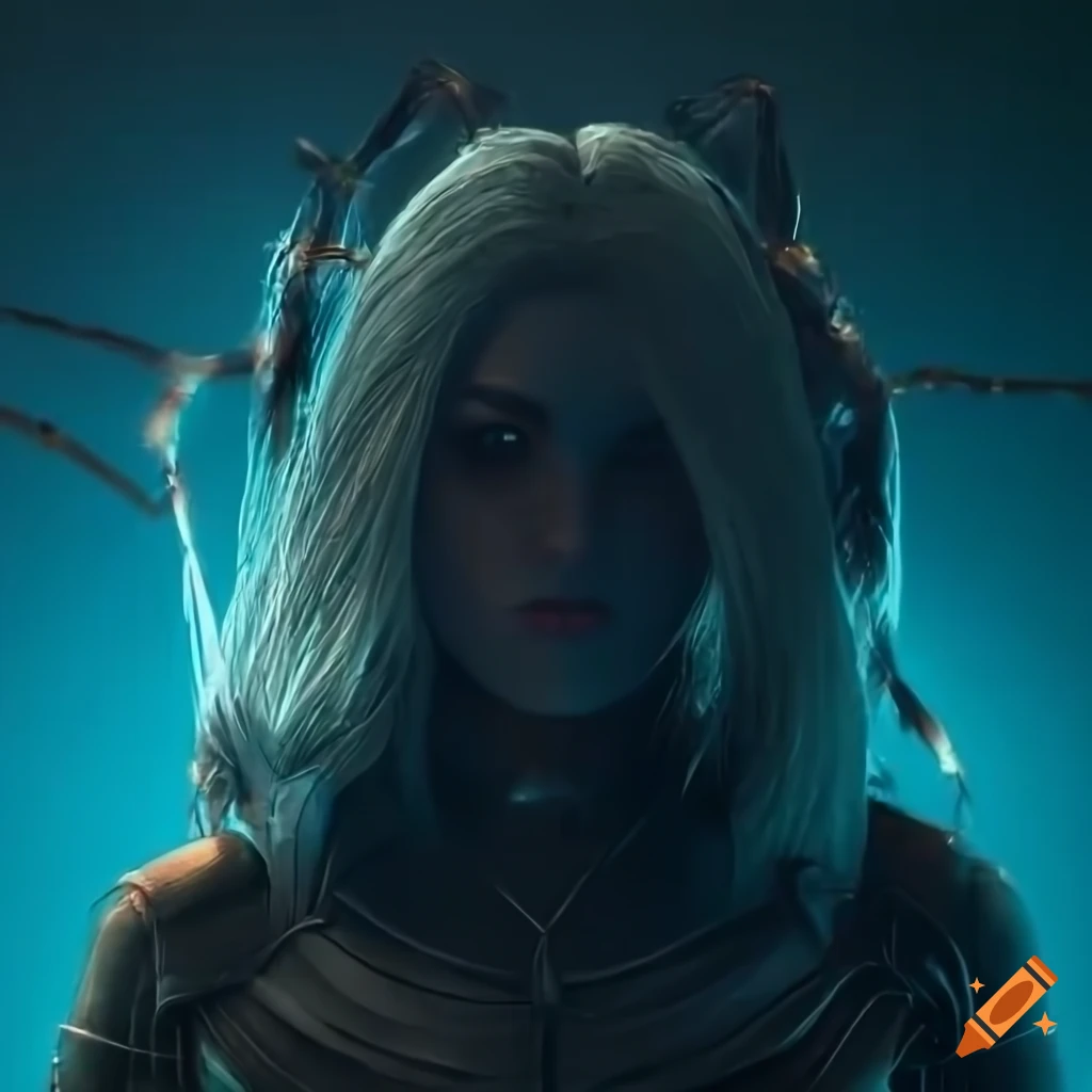Photo of a woman in armor facing a giant spider
