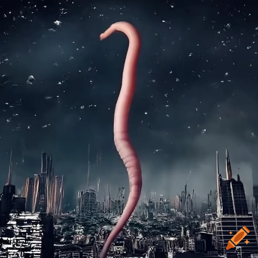 Image of a giant earthworm destroying buildings