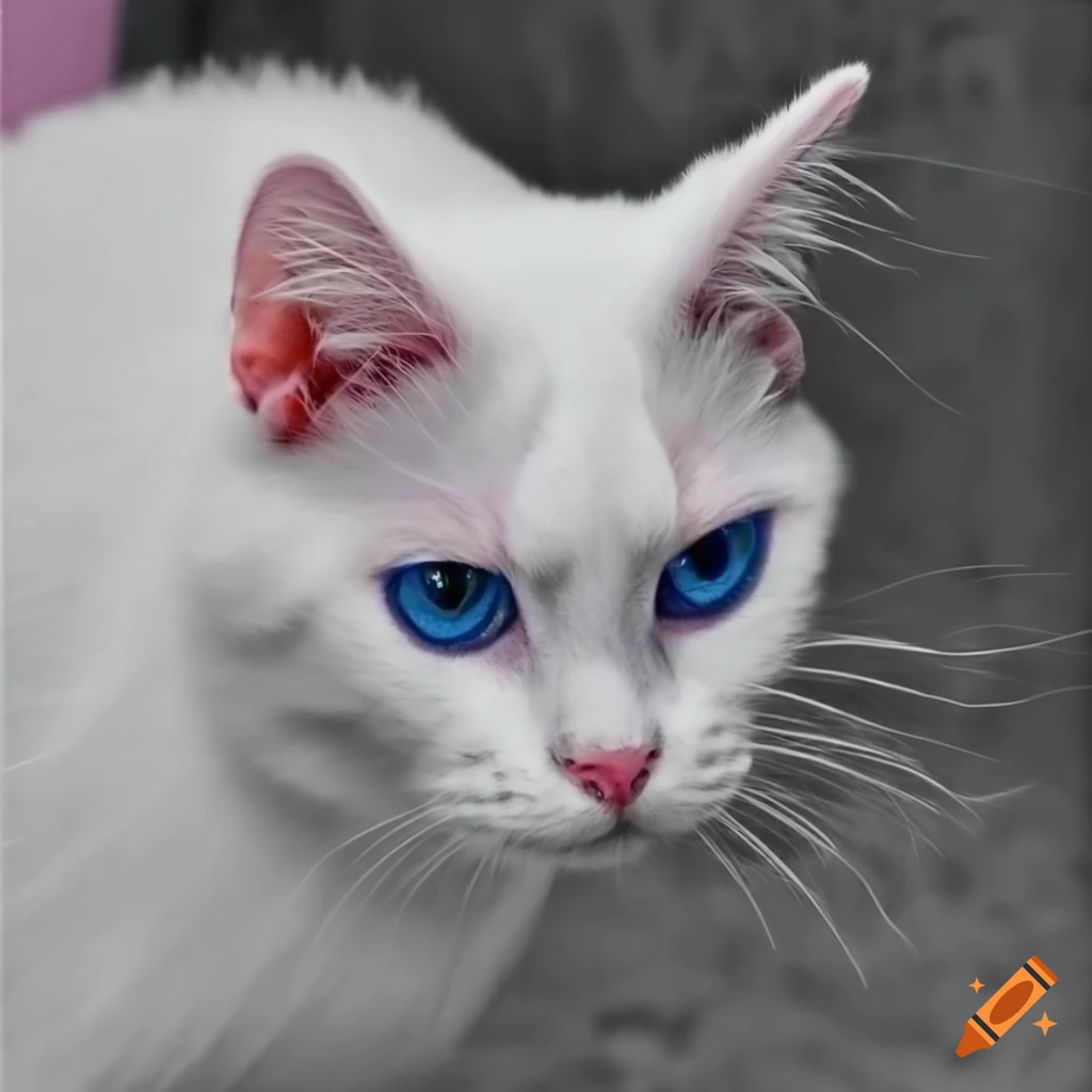 Gatto bellissimo con pelo lungo di colore bianco e occhi di colore ...