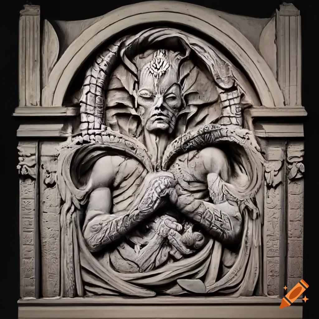 Stone carving of vengeful gods in fantasy theme on Craiyon