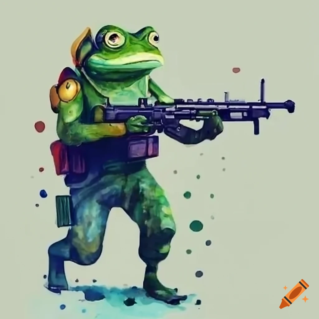 Illustration of a frog soldier holding a rifle on Craiyon