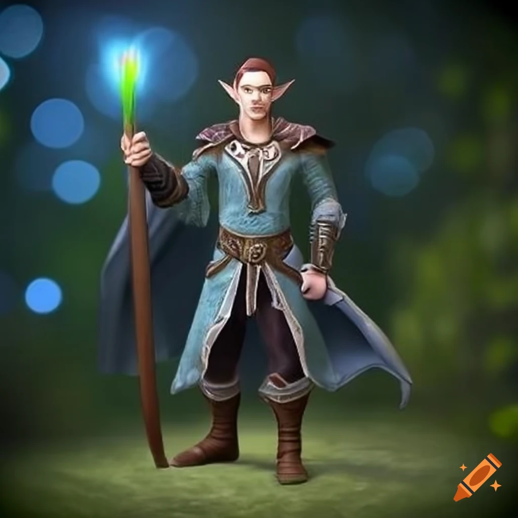 Full body image of a male elf wizard on Craiyon