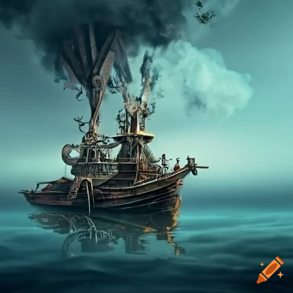 Steampunk boat sailing in a surreal landscape on Craiyon