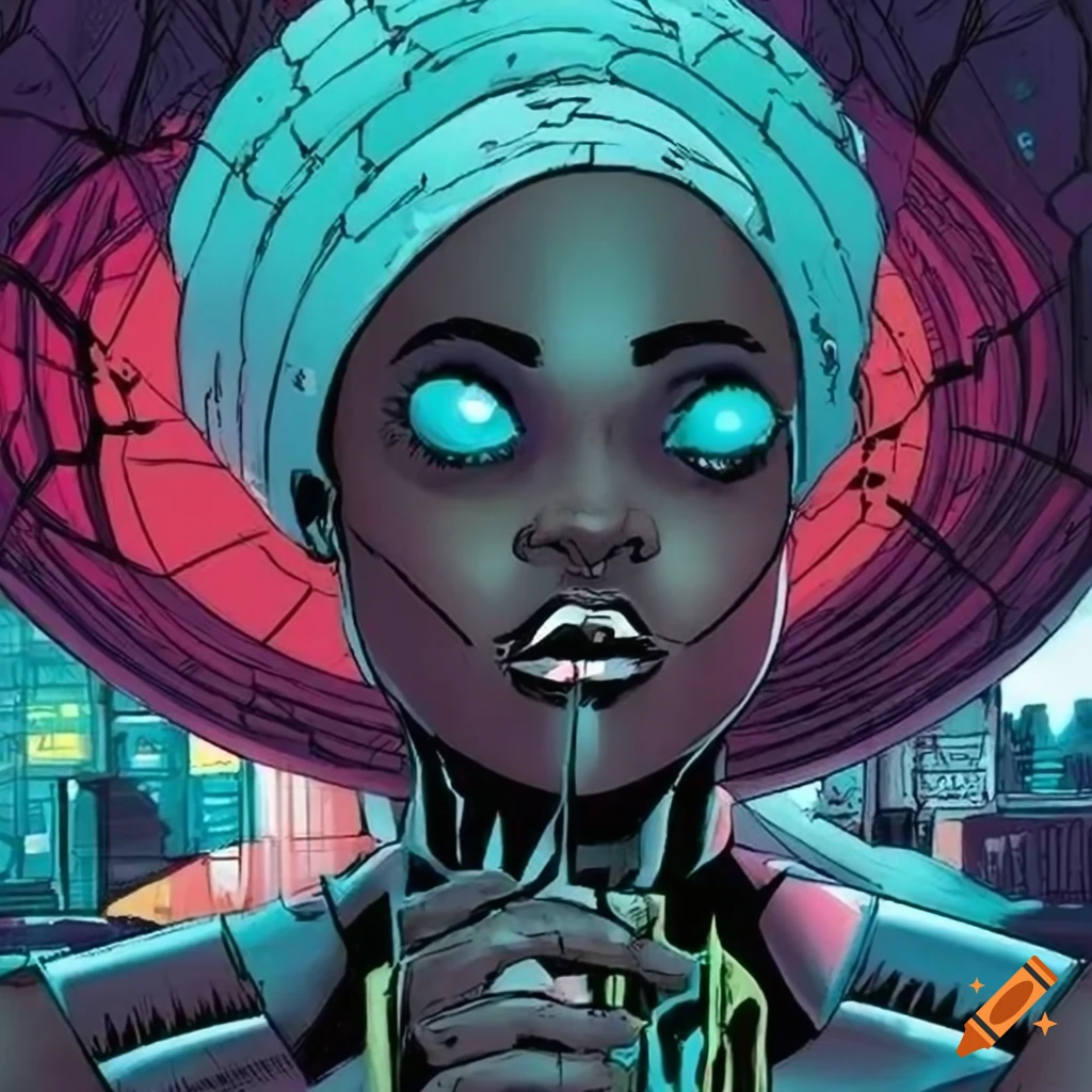 Futuristic comic book cover featuring an african woman detective in a ...