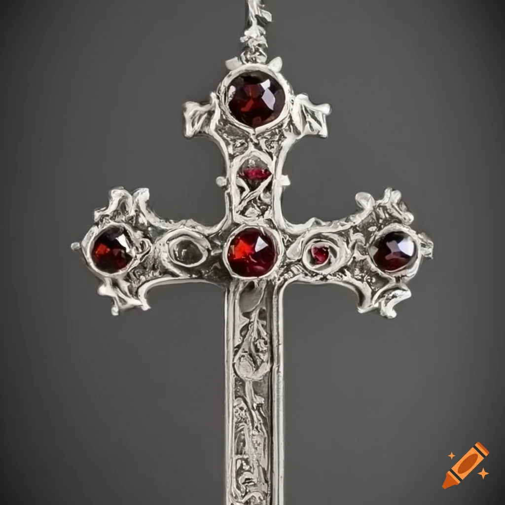 Silver gothic cross with garnet stone on Craiyon
