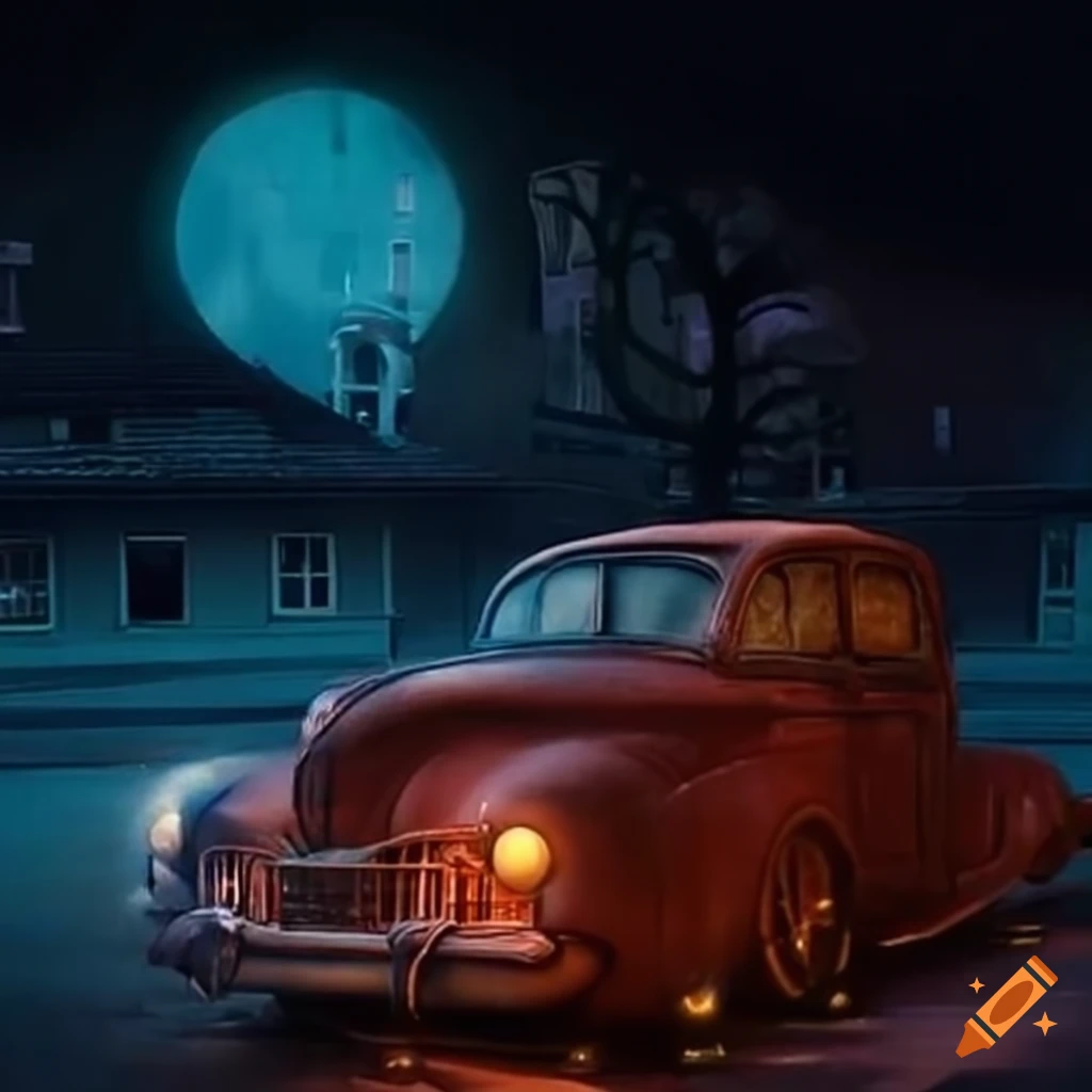 Car in a surreal alice in wonderland-inspired hell motel