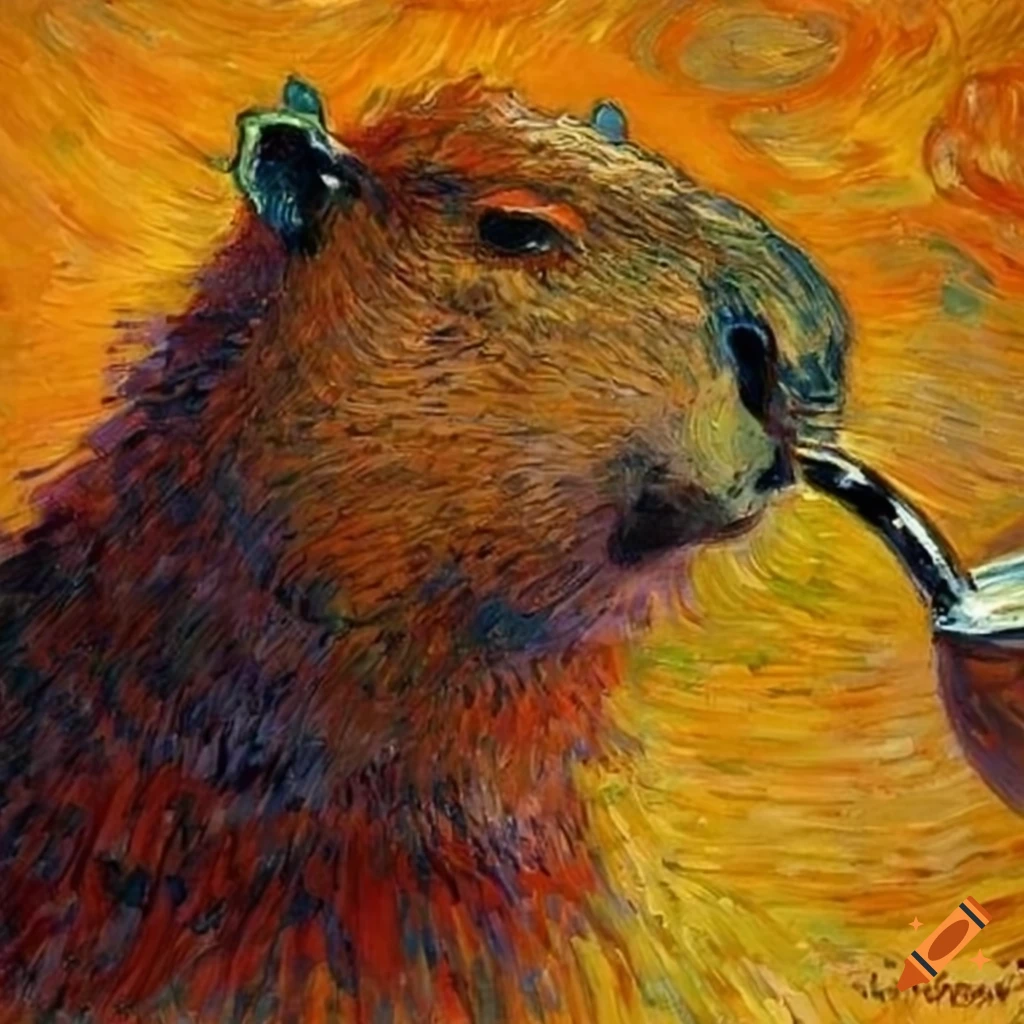 Post Impressionist painting of a Capybara drinking from a yerba mate ...
