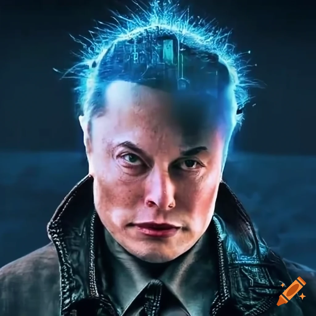 Elon musk with computer chip on his head on Craiyon