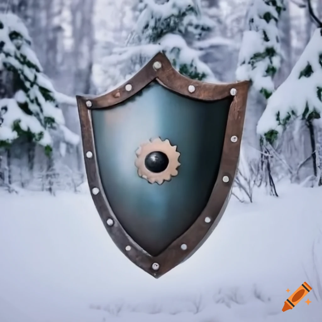 Small metal shield in a snowy forest
