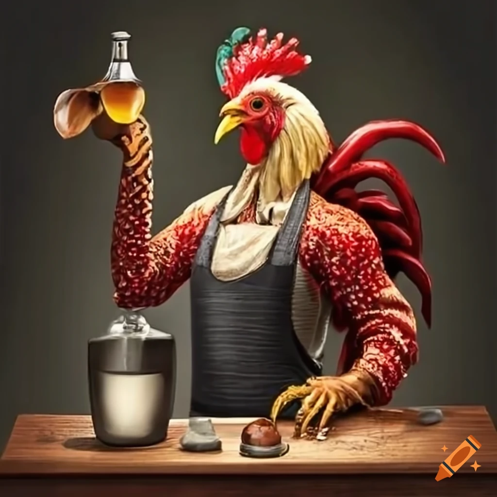 Rooster dressed as a bartender