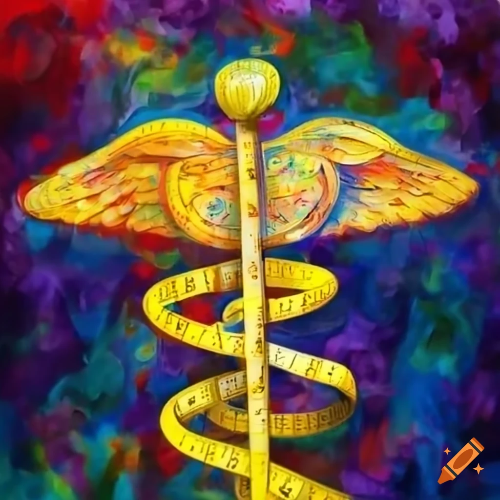 Yellow caduceus made of measuring tapes on Craiyon