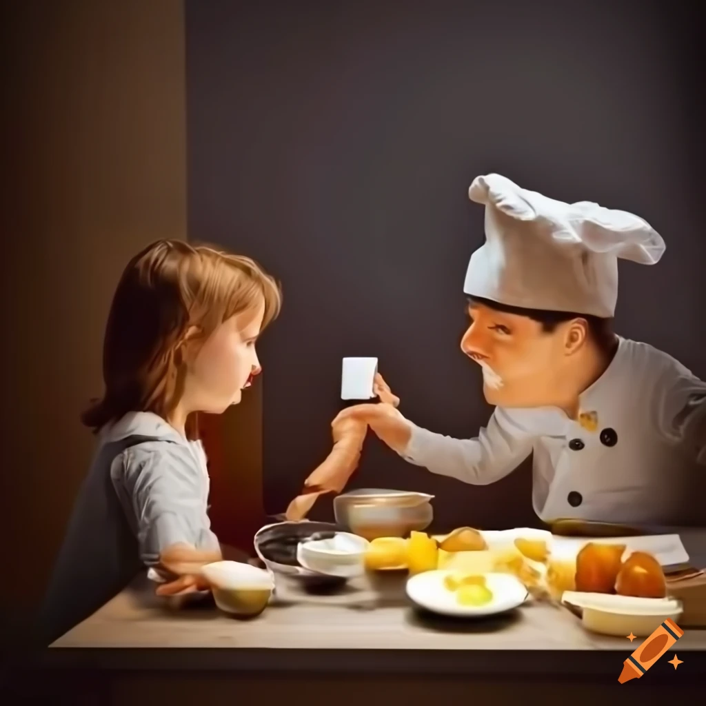 Illustration of a chef talking to his sad daughter in the kitchen on ...