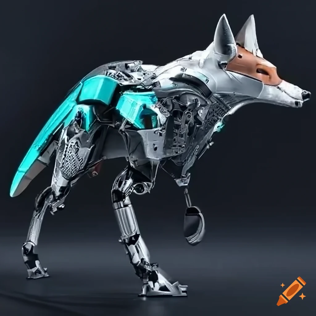 Bionic fox walking with metal objects on its back on Craiyon