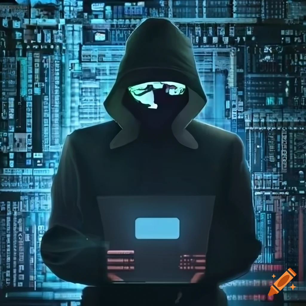 Computer hacker with money symbols in a digital setting on Craiyon