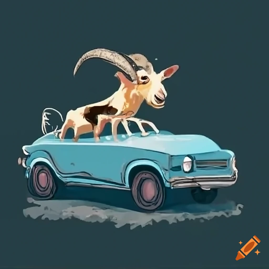 Goat jumping over a car in the city