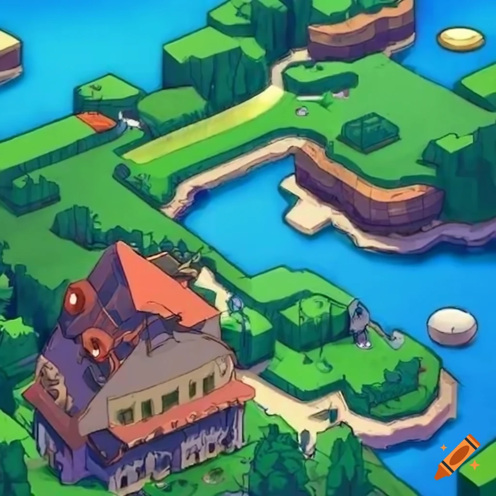 Top down view 2d art of sunny pokemon region in a jungle with giant ...