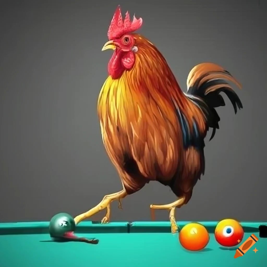Humorous illustration of a rooster playing pool billiards on Craiyon