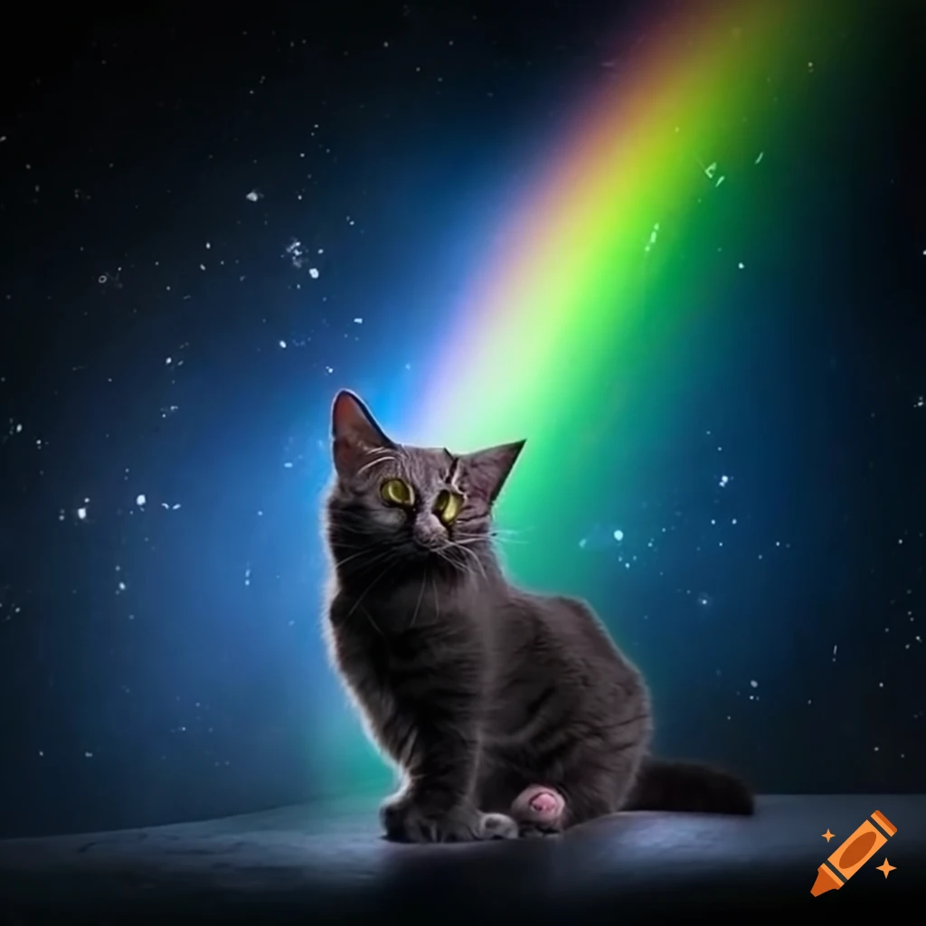 Cat surrounded by rainbow and stars