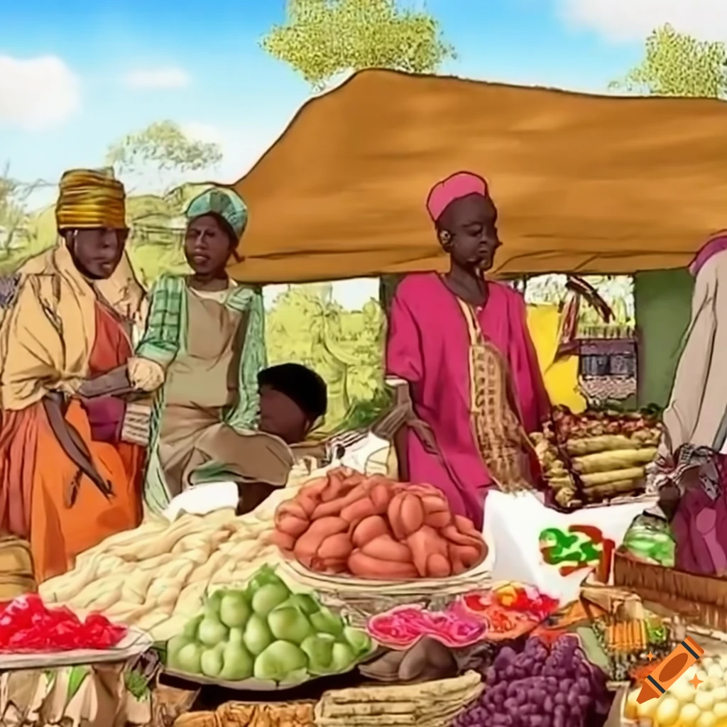 Busy african village market with lively locals selling goods on Craiyon