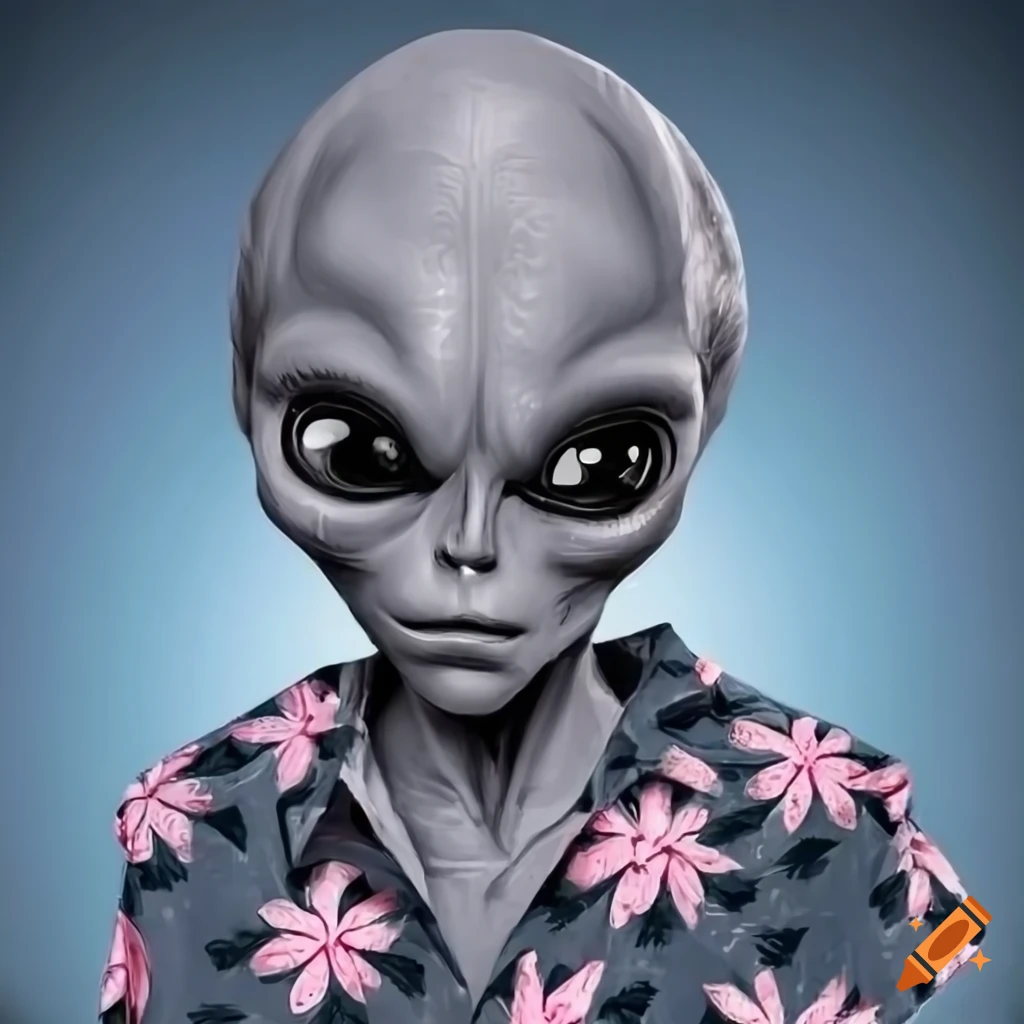 Grey alien wearing hawaiian shirt