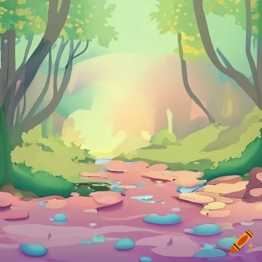 Pastel babbling brook in a charming forest on Craiyon
