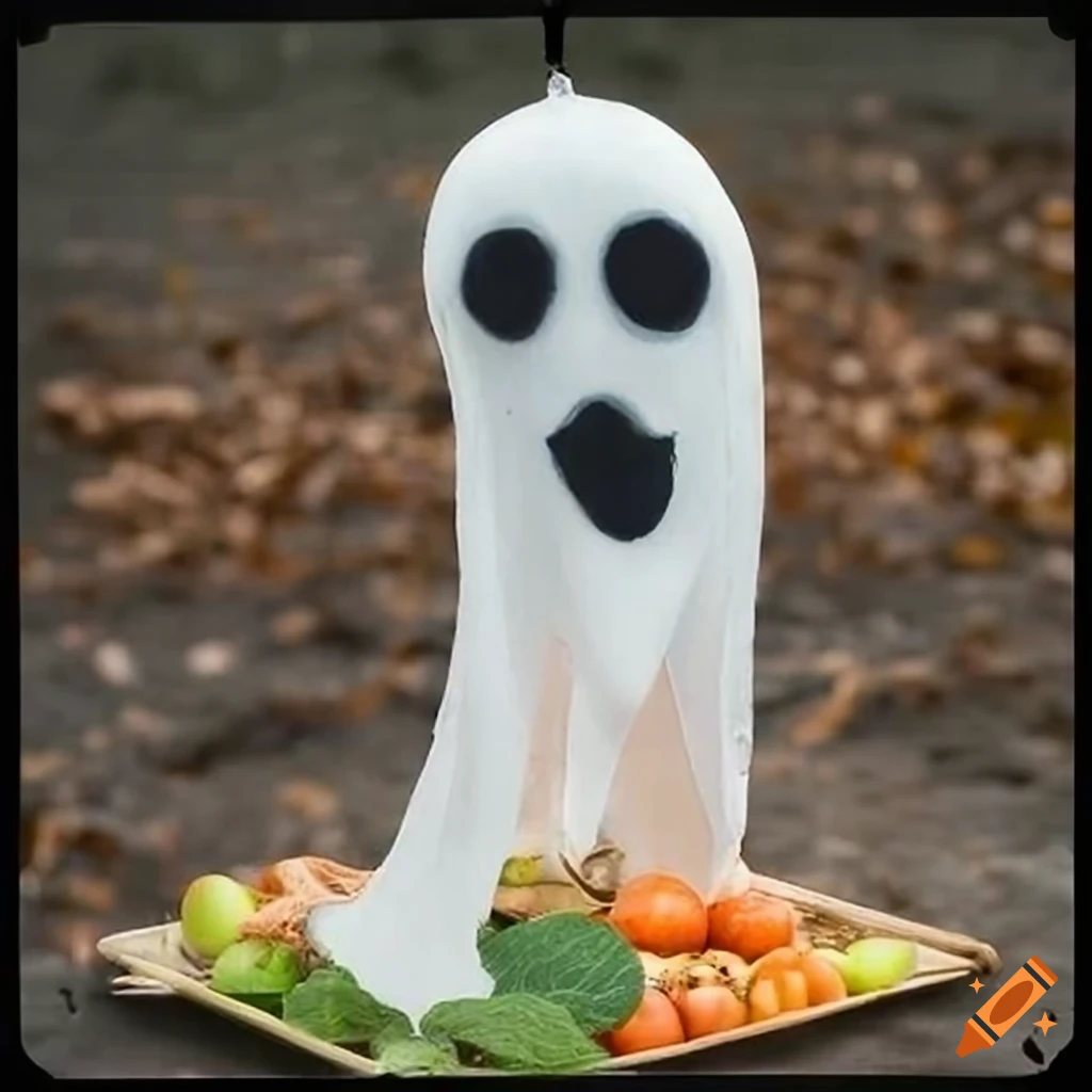 Halloween image of an eco-friendly ghost with leaves and fruits