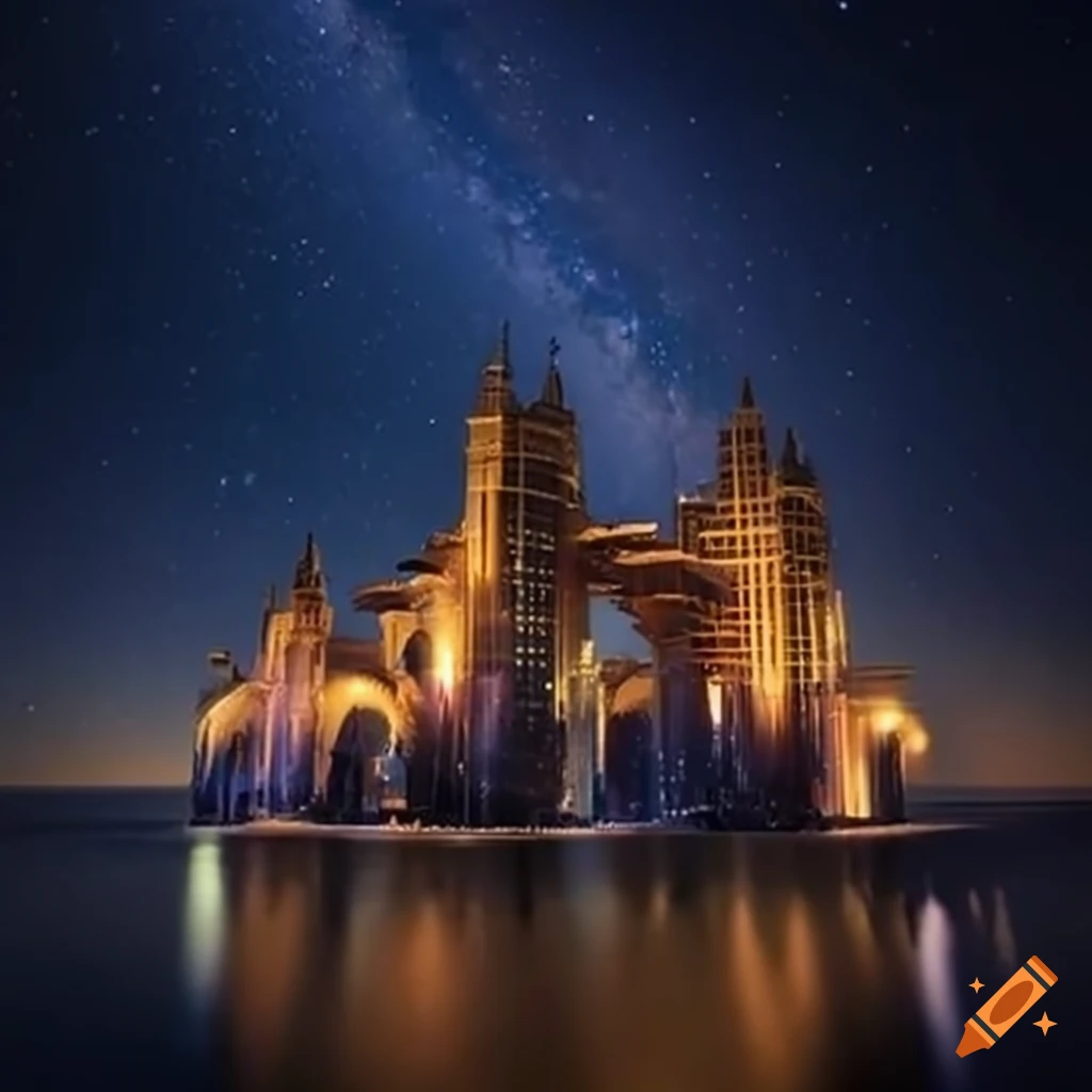 Night view of candles lighting up the lost city of atlantis