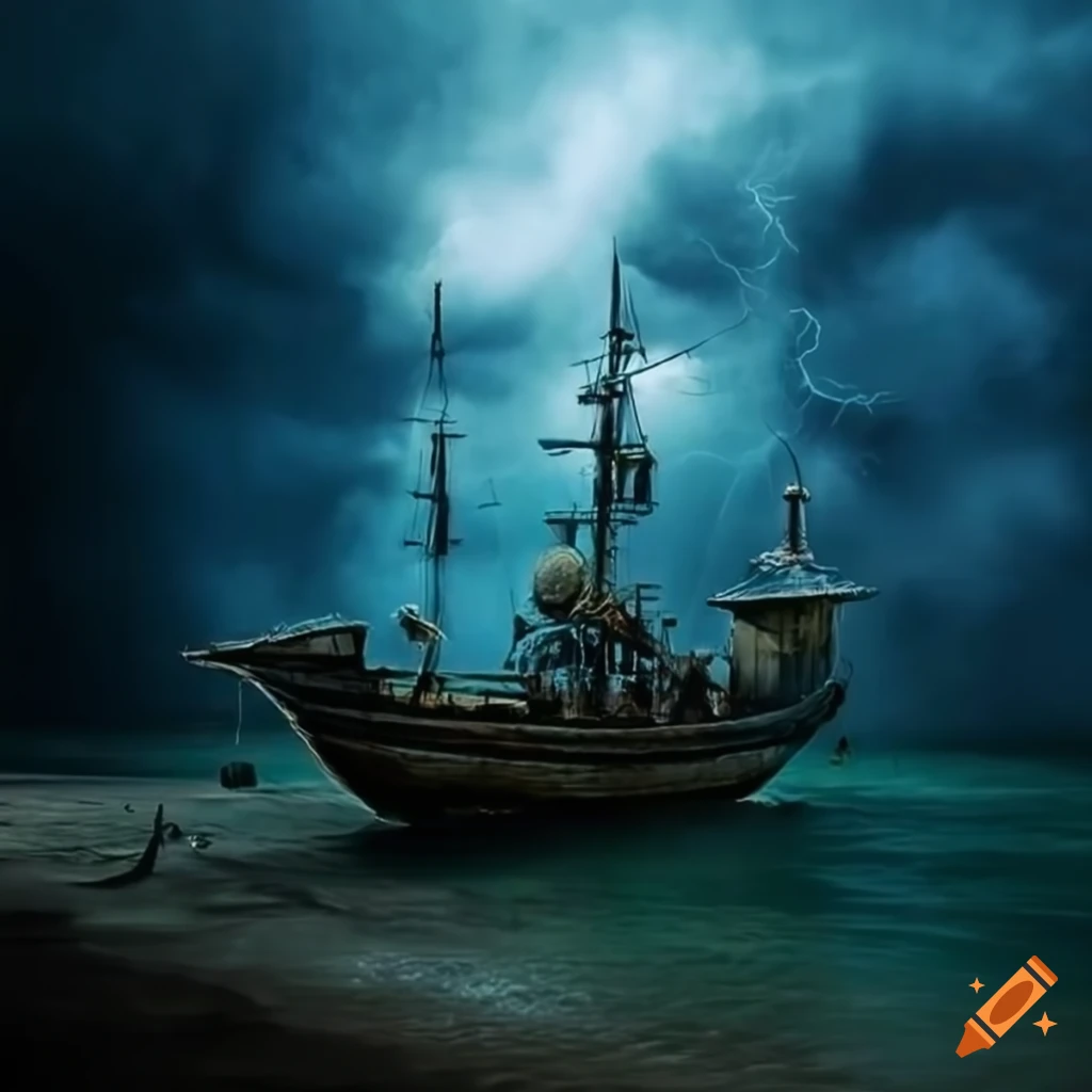 Steampunk boat on a mysterious beach surrounded by surreal elements on ...