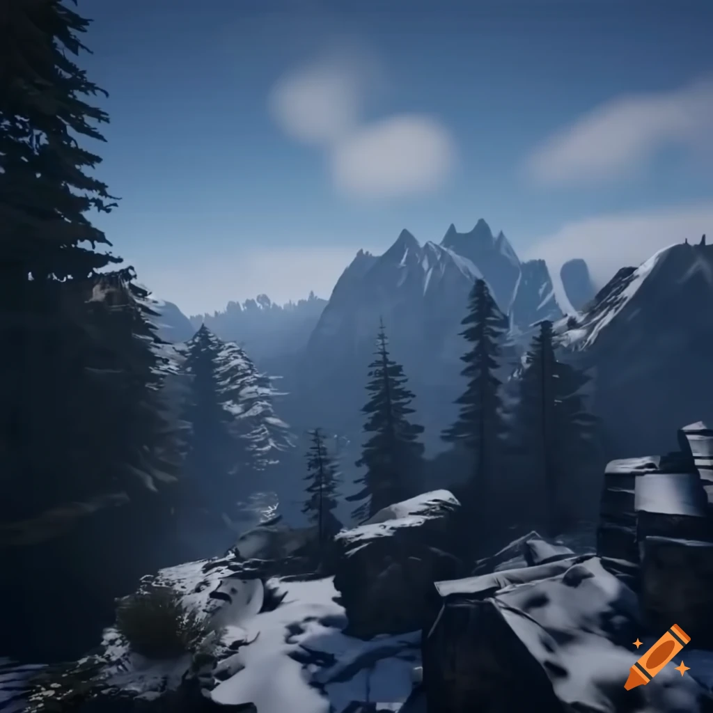 Snowy mountains rendered in unreal engine 5 on Craiyon