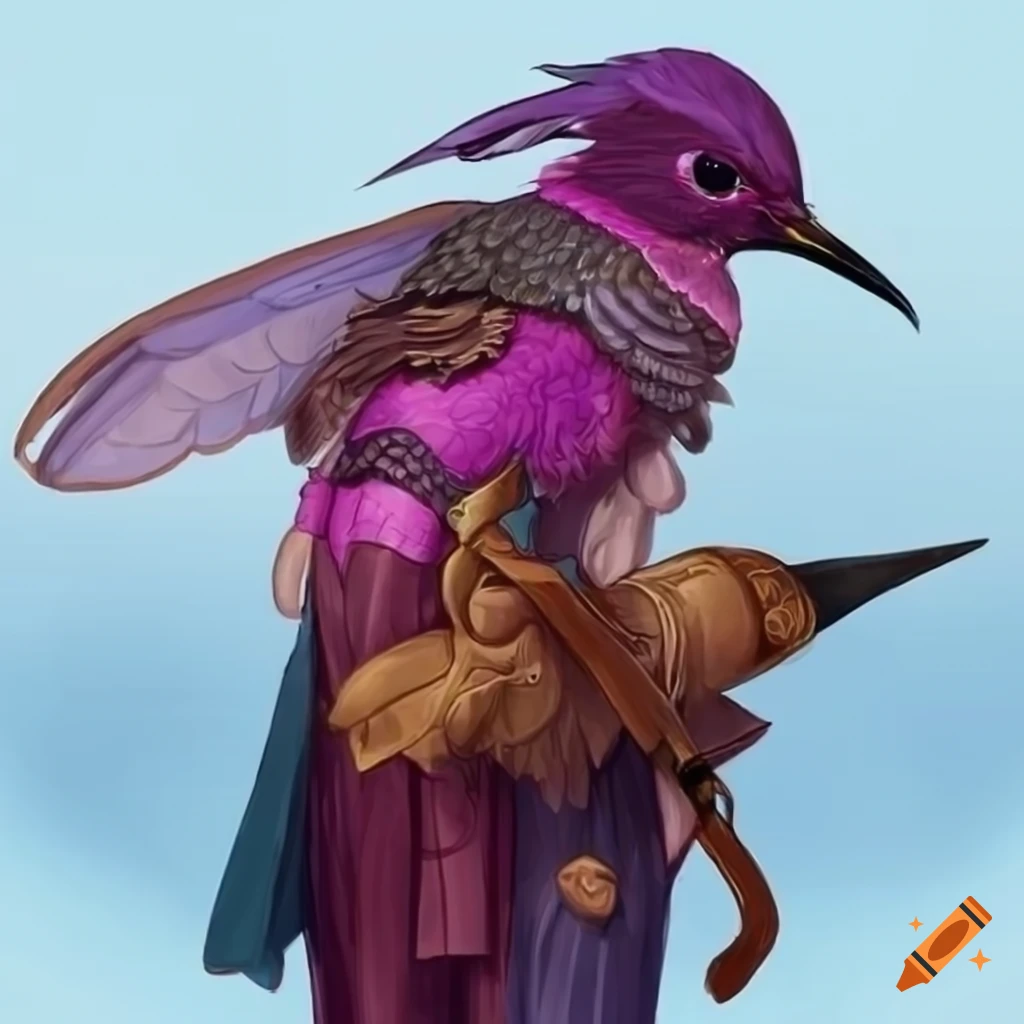 Illustration of an aarakocra hummingbird bard in dnd on Craiyon