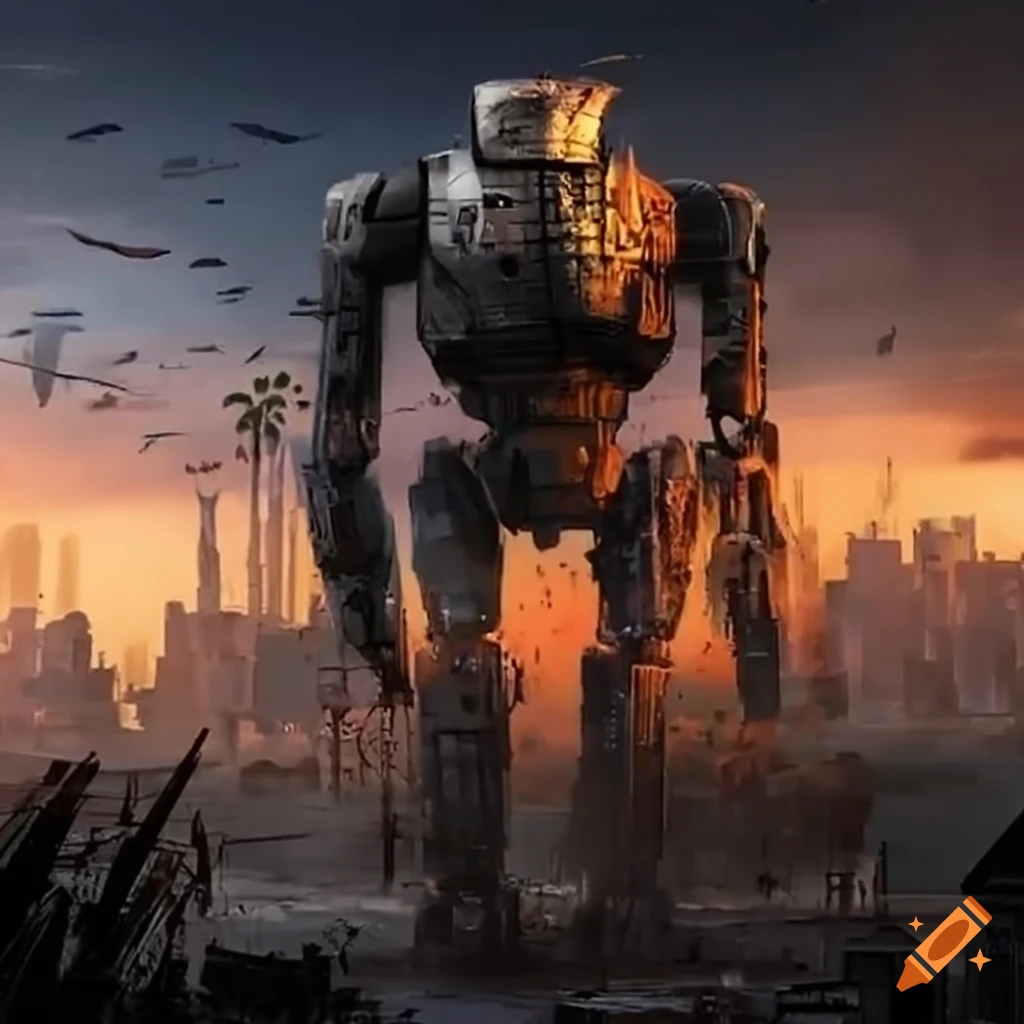 Apocalyptic scene of giant mechs in hollywood on Craiyon