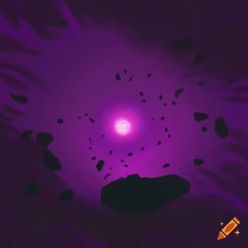 Surreal digital art of black rocks and a burning purple sun on Craiyon