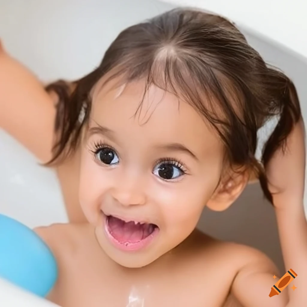 Adorable Brazilian toddler girl enjoying bath time with a white ...