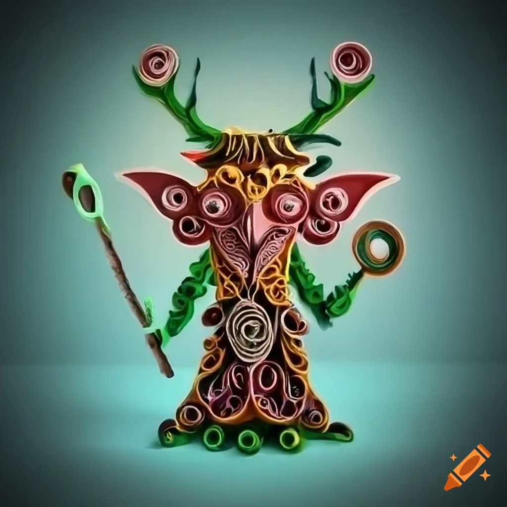 Quilling art of a forest goblin shaman with staff