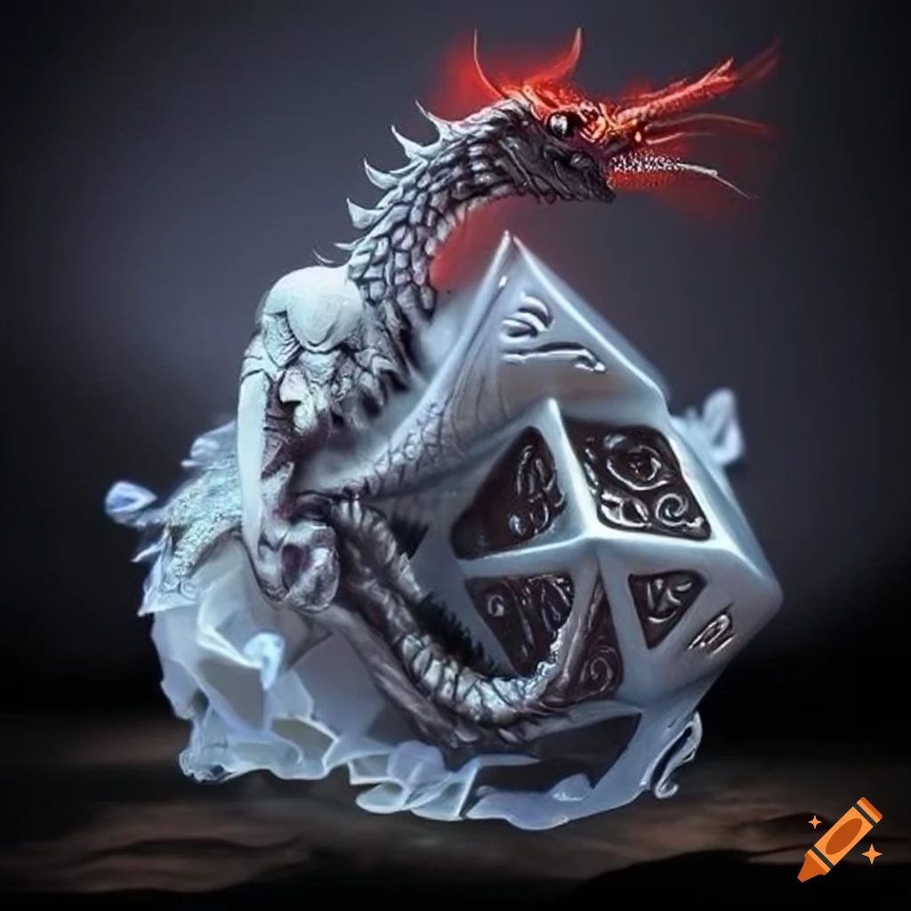 Silver dragon on d20 dice on Craiyon