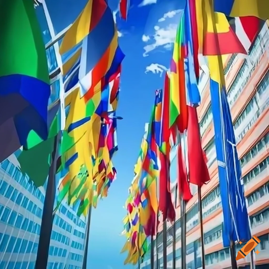 Colorful anime artwork of un headquarters with vibrant flags on Craiyon