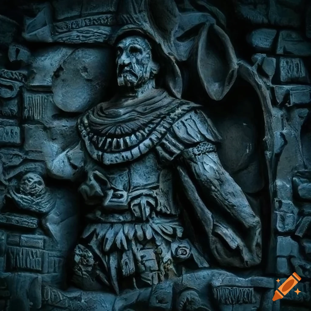 Fantasy stone carving of a battle on Craiyon